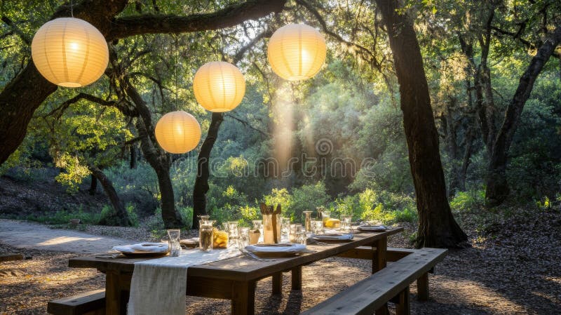 Rustic Outdoor Picnic Setting with Paper Lanterns Stock Illustration - Illustration of setting ...