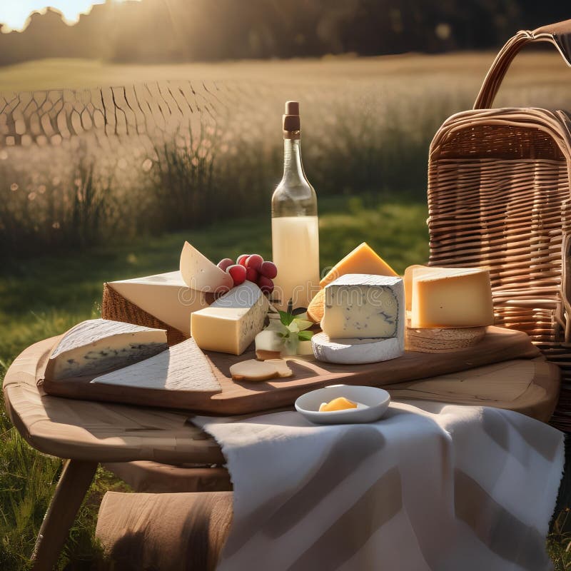 A Rustic Outdoor Picnic Setup with an Assortment of Cheeses and Bread1 ...