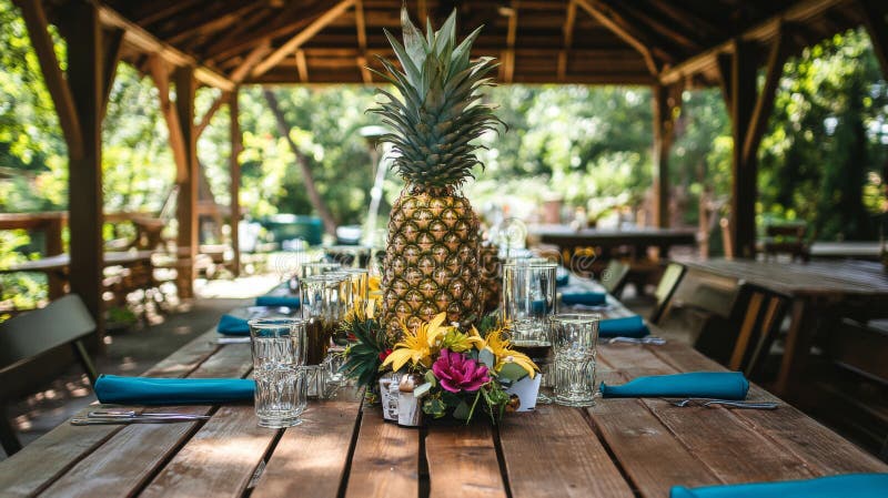 Rustic Outdoor Pineapple Centerpiece on Wooden Table Stock Illustration ...