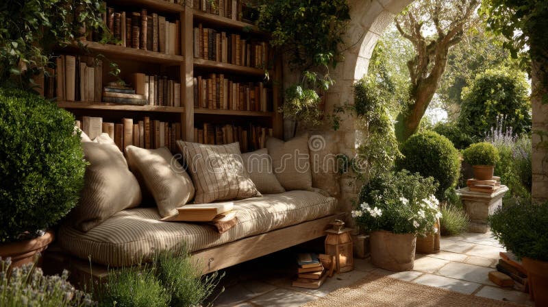 Rustic Outdoor Reading Nook with Books and Greenery Stock Illustration ...