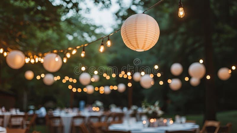 Rustic Outdoor Reception Under String Lights and Paper Lanterns . Stock ...