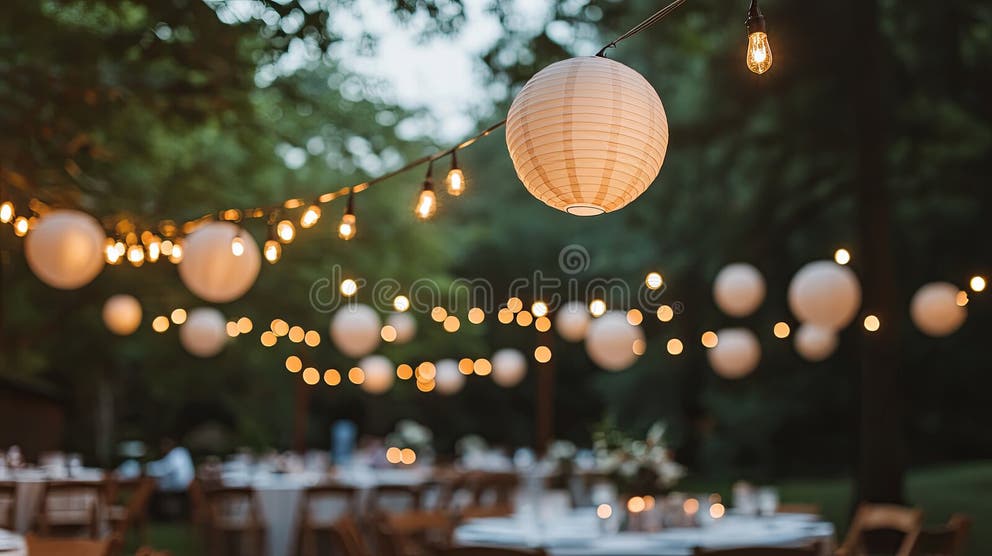 Rustic Outdoor Reception Under String Lights and Paper Lanterns . Stock ...