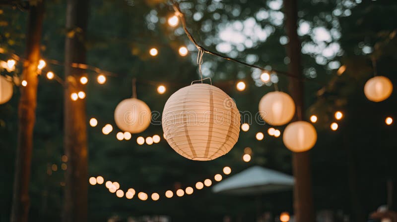 Rustic Outdoor Reception Under String Lights and Paper Lanterns . Stock ...