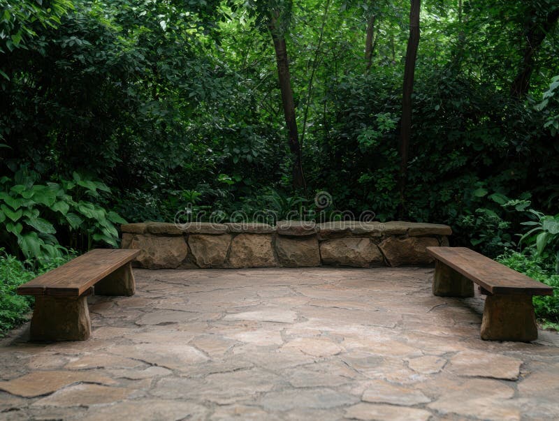 Rustic Outdoor Seating Area in Lush Forest Stock Illustration ...