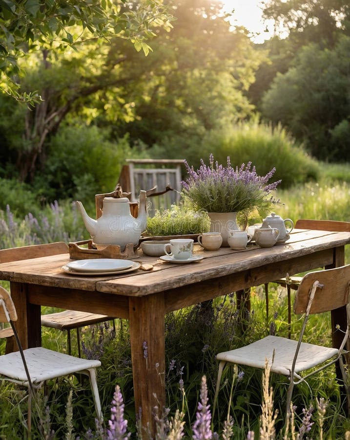 Garden Retreat with Rustic Tea Setting Stock Image - Image of grassy ...