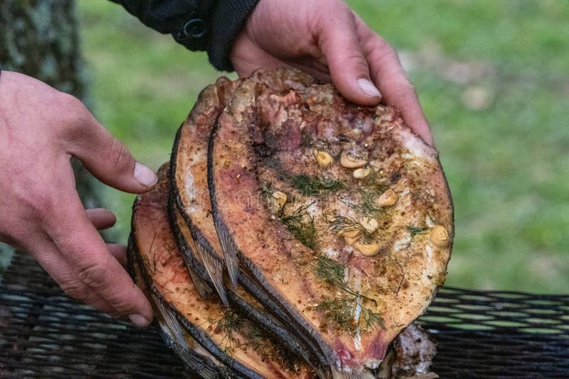 A Rustic Outdoor Setting with Freshly Grilled Fish. Stock Photo - Image ...