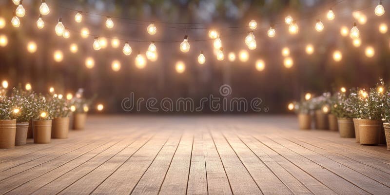 Rustic Outdoor Setting Glowing String Lights, Plants in Wooden Pots on ...