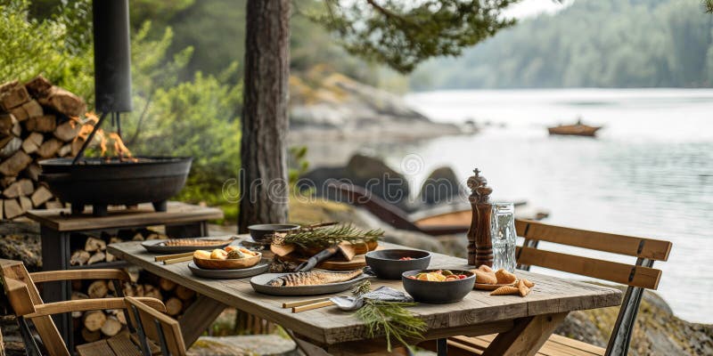 A Rustic Outdoor Setting with a Grill Cooking Fresh Fish, Surrounded by ...