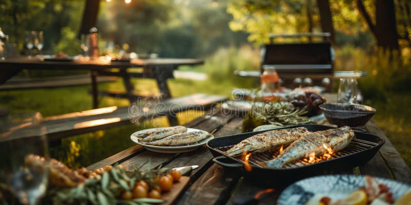 A Rustic Outdoor Setting with a Grill Cooking Fresh Fish, Surrounded by ...