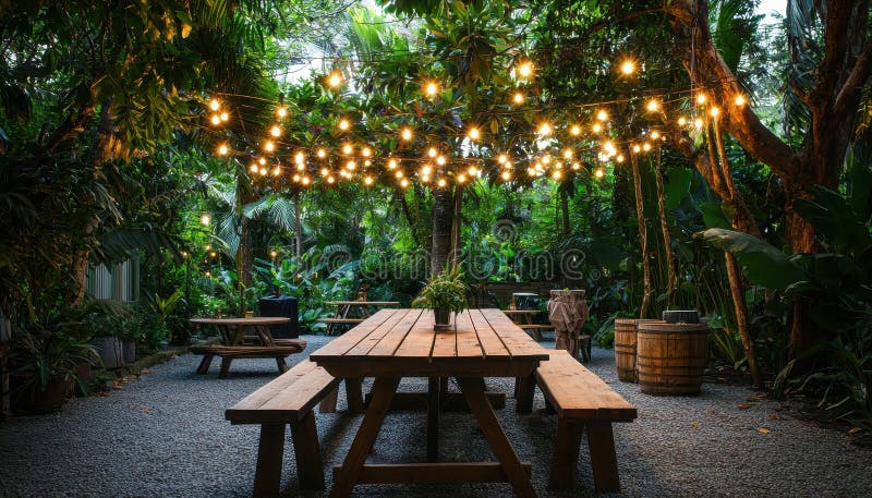 Rustic Outdoor Space with String Lights and Greenery Stock Illustration ...