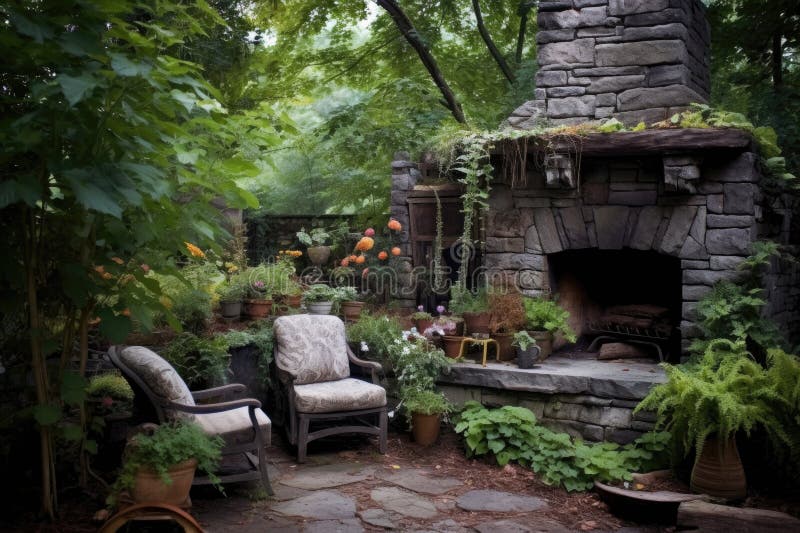 Rustic Outdoor Stone Fireplace in a Garden Setting Stock Illustration ...