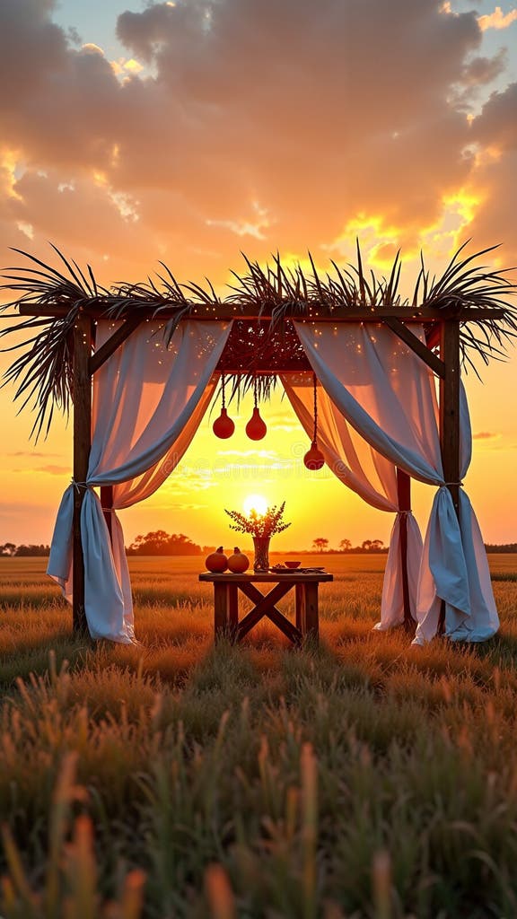 Rustic Outdoor Sunset Cabana with Drapes and Floral Decor in Tranquil ...