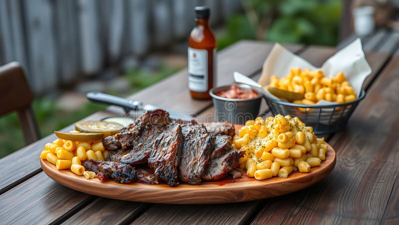 A Rustic Outdoor Table with a Platter of BBQ Brisket Mac and Cheese and ...
