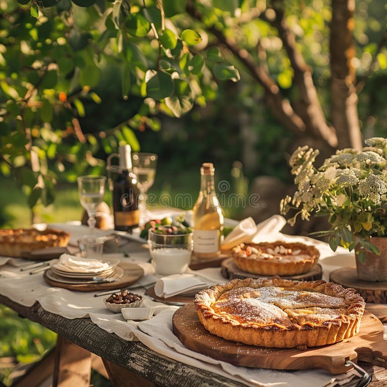 Rustic Outdoor Table Setting with Apple Pies, Wine, and Flowers Stock ...
