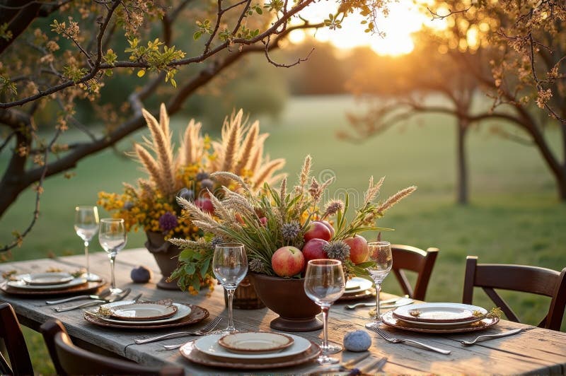 Festive Table Setting Plates Greenery Sunset Stock Photos - Free ...