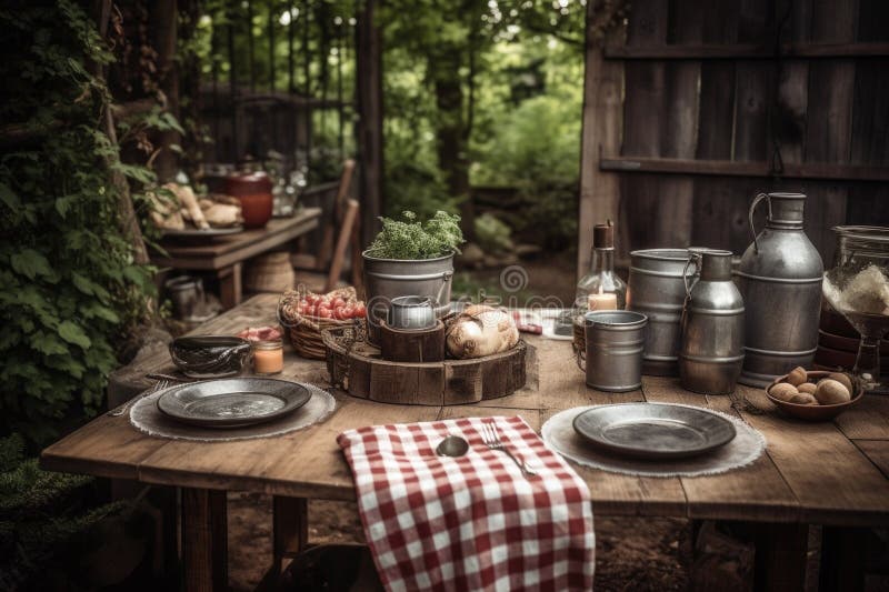 Rustic Outdoor Table Setting with Checkered Cloth, Plates, and ...