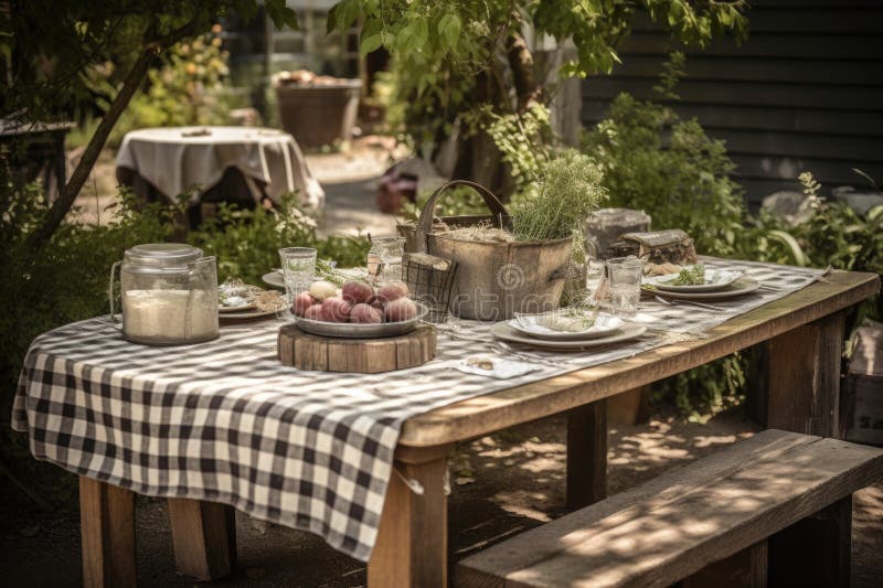 Rustic Outdoor Table Setting with Checkered Cloth, Plates, and ...