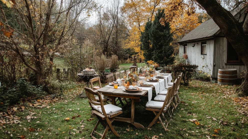 Rustic Outdoor Table Setting with Fall Foliage and Flowers Stock Illustration - Illustration of ...