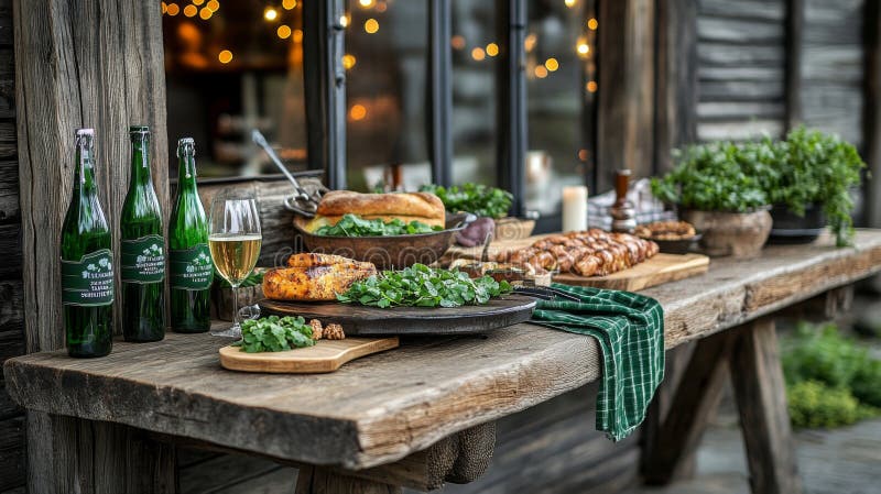Rustic Outdoor Table Setting with Food and Drinks Stock Illustration ...
