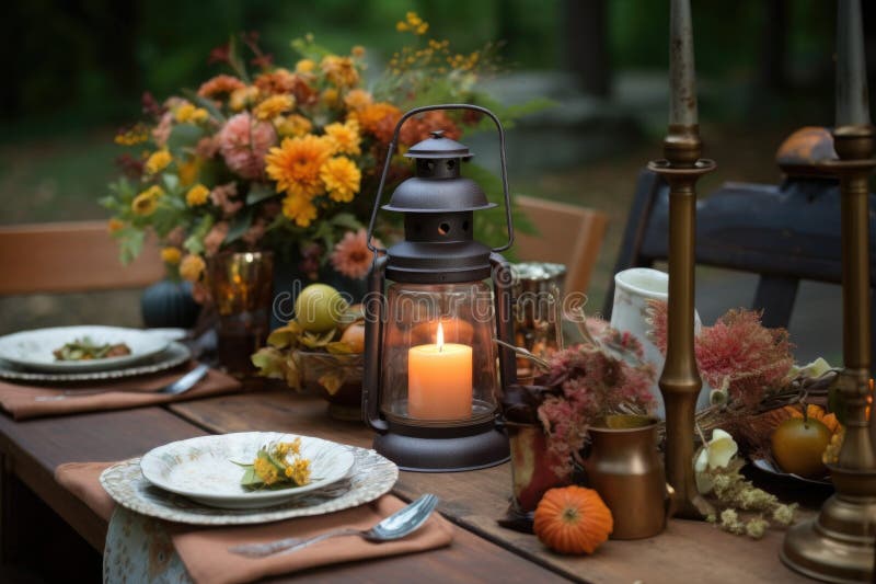 Rustic Outdoor Table Setting with Lantern, Vase of Flowers, and ...