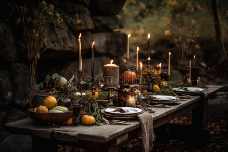 Rustic Outdoor Table Setting with Natural Elements and Candlelight ...