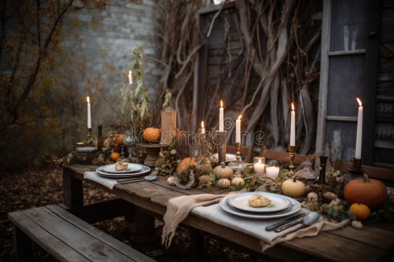 Rustic Outdoor Table Setting with Natural Elements and Candlelight ...