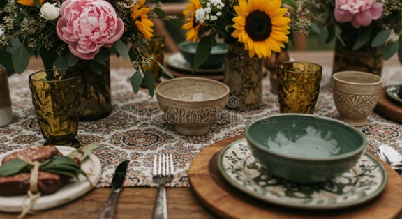 Rustic Outdoor Table Setting with Sunflowers and Peonies Stock Illustration - Illustration of ...