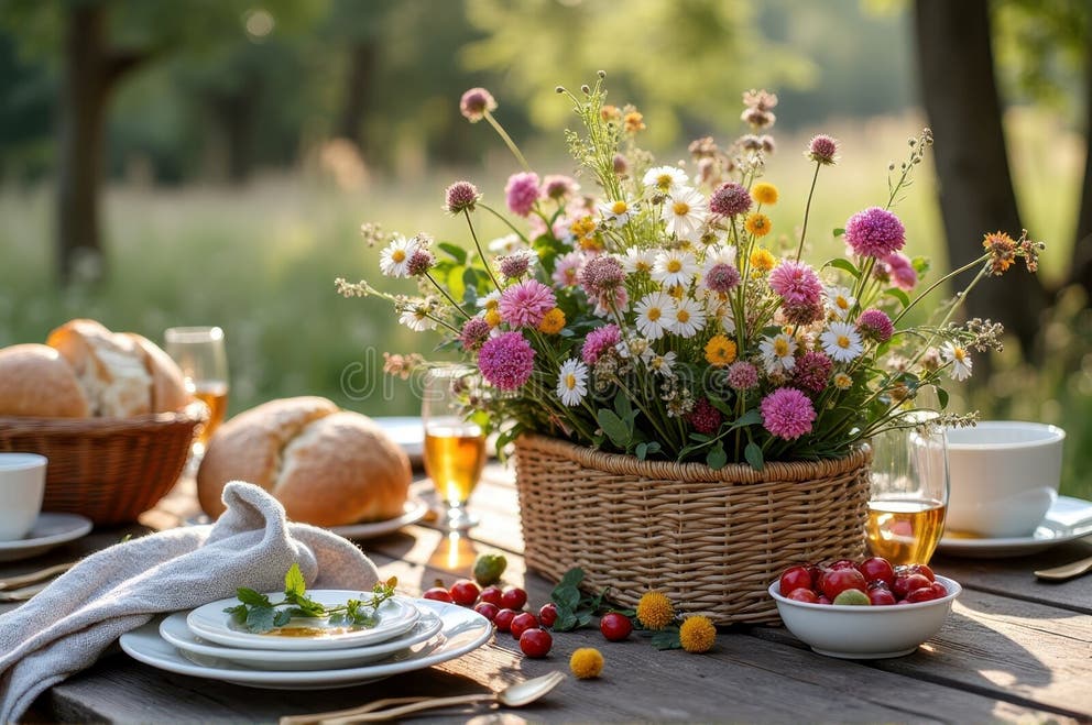 Rustic Outdoor Table Setting with Wildflowers and Fresh Bread in Sunlit ...