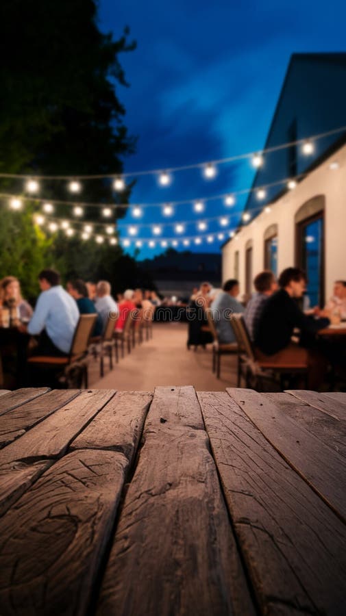 Rustic Outdoor Table with String Lights and Cozy Dining Scene at Night ...