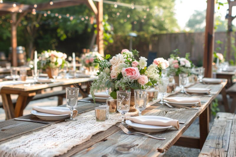 A Rustic Outdoor Wedding Reception with a Long Table Set with White ...