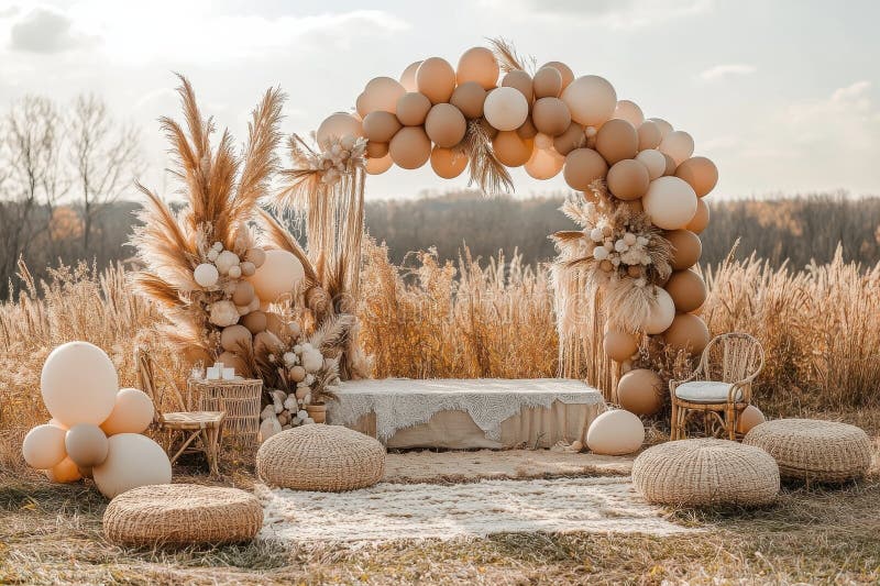 A Rustic Outdoor Wedding Scene with a Large Arch Made of Balloons Stock ...