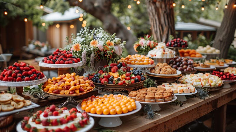 A Rustic Outdoor Wedding Table Set with an Array of Fresh Fruit and ...