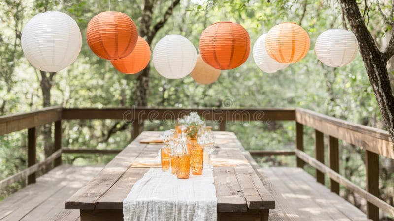 Rustic Outdoor Wedding Table Setting with Paper Lanterns Stock ...