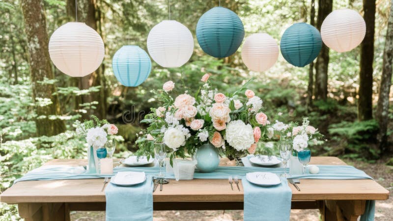Rustic Outdoor Wedding Table Setting with Pastel Lanterns and Flowers ...