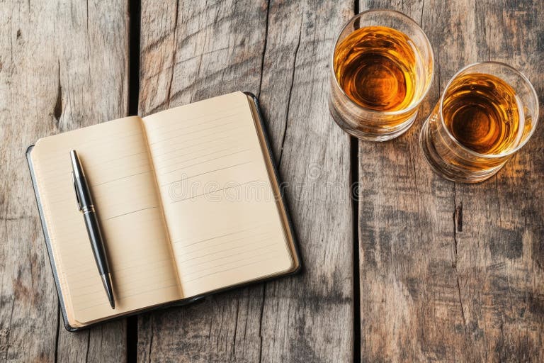 Rustic Overhead Composition with Open Whisky Glasses and Notebook on ...