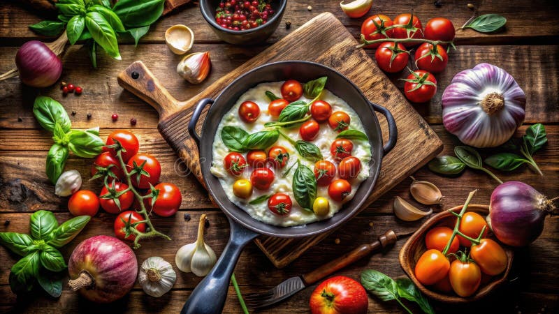Rustic Overhead View of Creamy Dish Topped with Cherry Tomatoes and ...