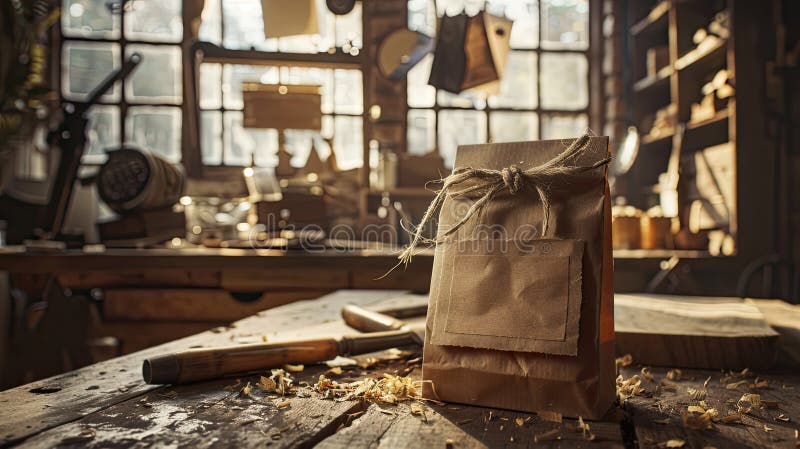 A Rustic Packaging Mockup Displayed on a Wooden Workbench in a Cozy ...