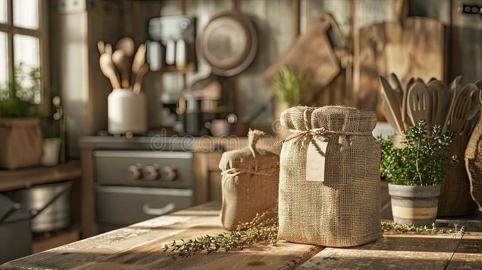 A Rustic Packaging Mockup Set in a Quaint Countryside Kitchen Generated ...
