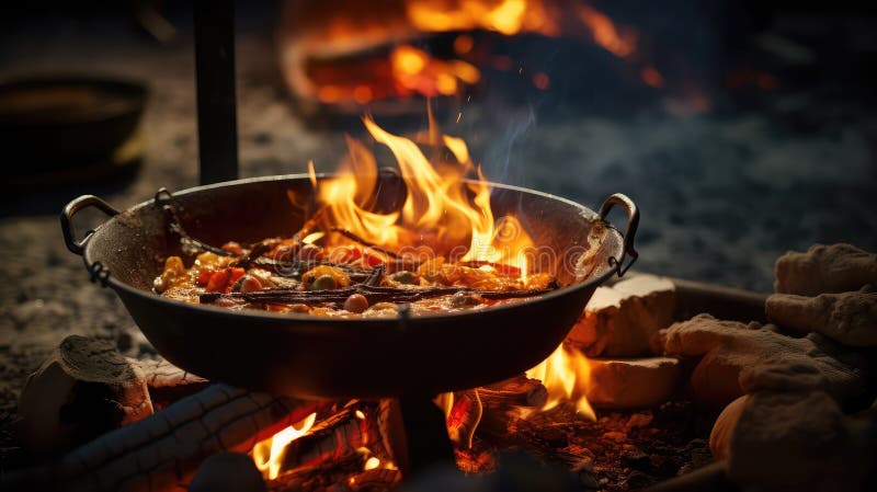 Rustic pan on fire stock illustration. Illustration of embers - 328714185