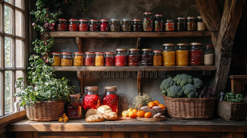 Rustic Pantry with Preserved Food, Vegetables, and Bread Stock Image ...