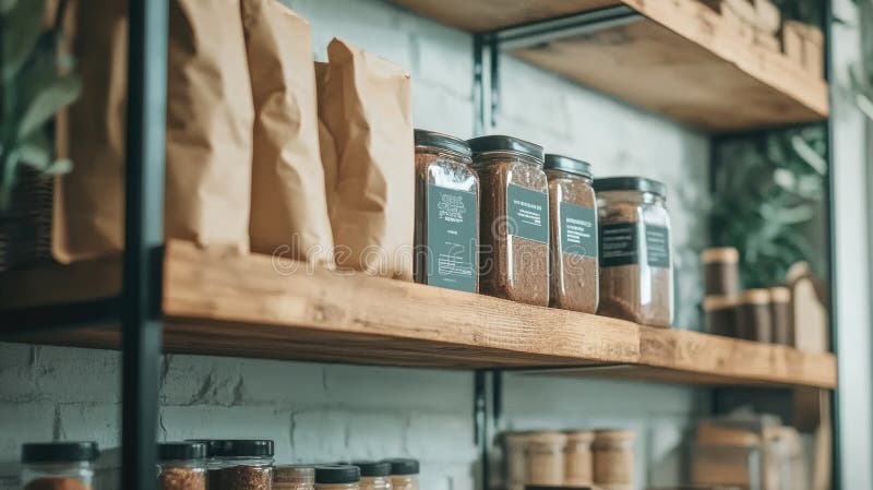 Rustic Pantry Shelf with Jars and Bags of Organic Spices and ...