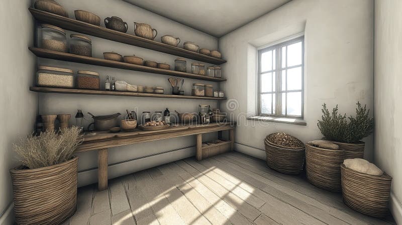 Rustic Pantry with Wooden Shelves, Rustic Baskets, and Storage ...