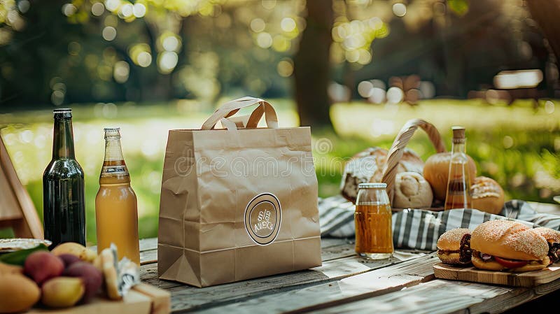 A Rustic Paper Bag Mockup Displayed on a Countryside Picnic Table ...