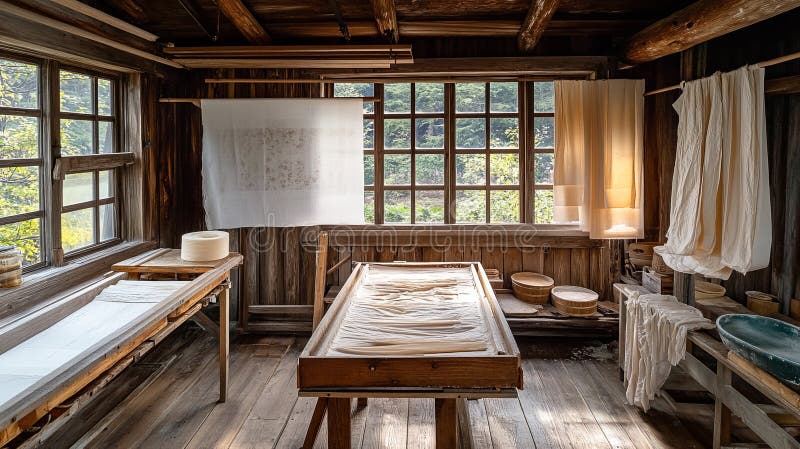 A Rustic Paper-making Setup with a Screen, Pulp, and Drying Racks Stock ...