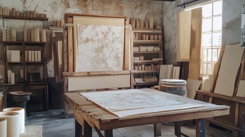 A Rustic Paper-making Setup with a Screen, Pulp, and Drying Racks Stock ...