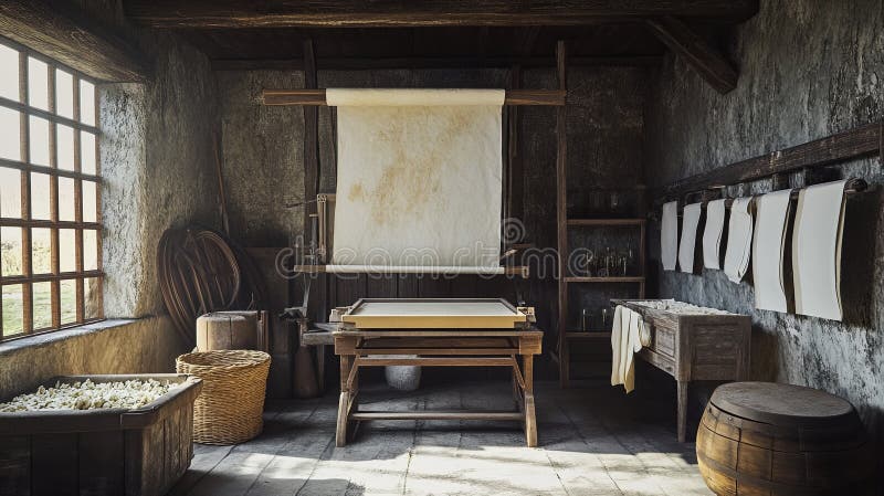 A Rustic Paper-making Setup with a Screen, Pulp, and Drying Racks Stock ...