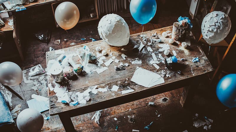 A Rustic Papier-mch Crafting Table with Glue, Paper Strips, and Stock ...