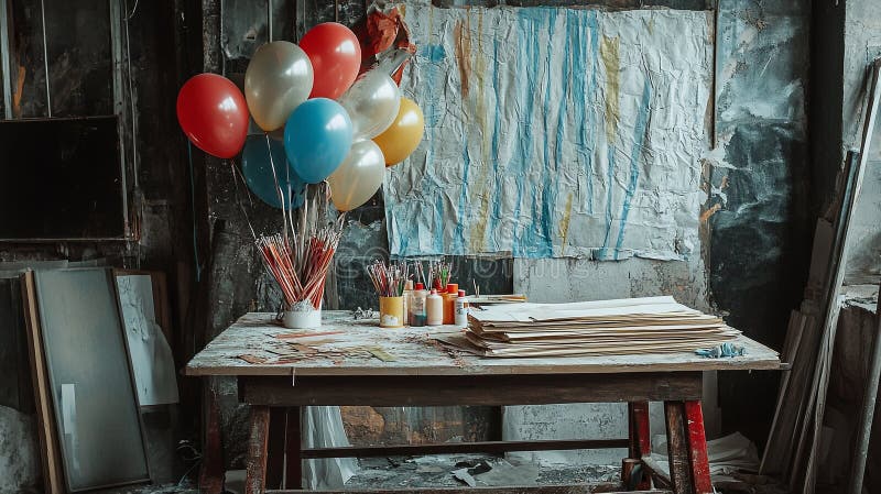 A Rustic Papier-mch Crafting Table with Glue, Paper Strips, and Stock ...