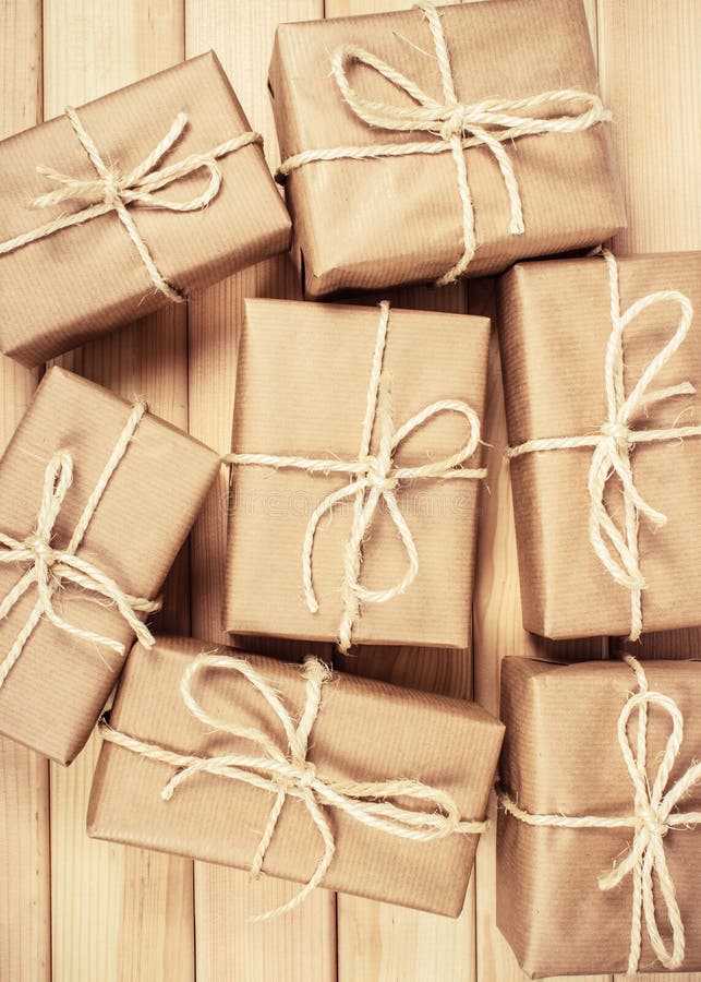 Rustic Parcels Gift Box with Kraft Paper. Stock Image - Image of gifts ...