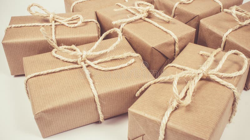 Rustic Parcels Gift Box with Kraft Paper. Stock Photo - Image of ...